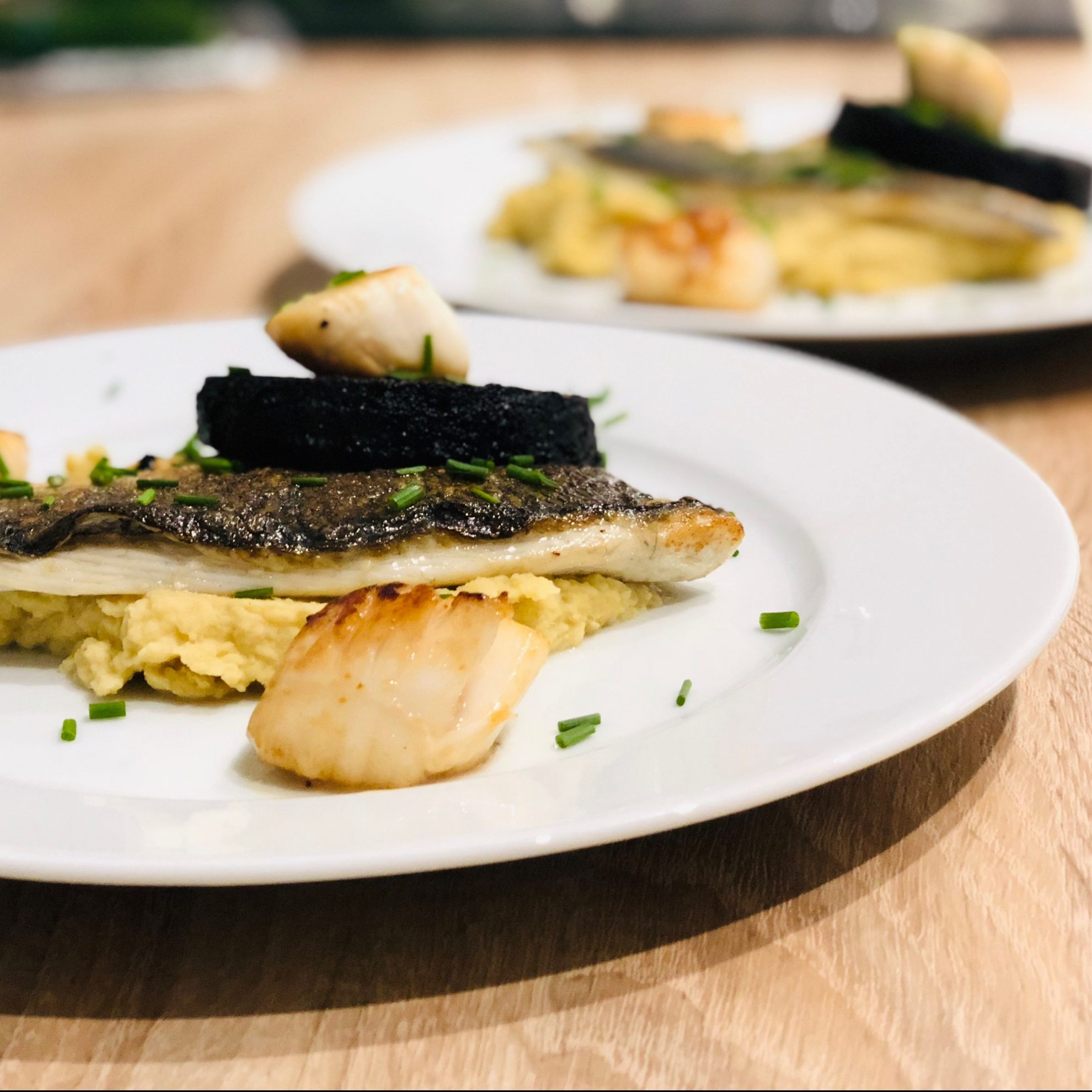 Sea Bream with Lentil & Fennel Puree, Black Pudding & Scallops ...